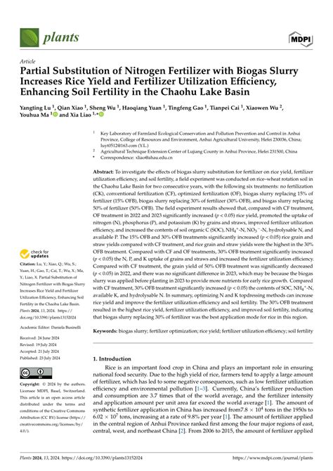 Pdf Partial Substitution Of Nitrogen Fertilizer With Biogas Slurry Increases Rice Yield And