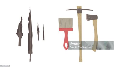고고학 도구 및 발견 세트 브러시 곡괭이 삽 및 고대 창 팁 만화 벡터 일러스트 레이 션 검색에 대한 스톡 벡터 아트 및 기타