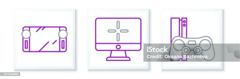 조이스틱 휴대용 비디오 게임 및 컴퓨터 모니터 아이콘이 있는 라인 게임 콘솔을 설정합니다 벡터 Brand Name Video Game에 대한 스톡 벡터 아트 및 기타 이미지