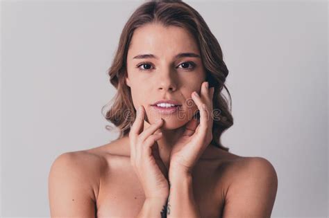 Photo Of Attractive Young Woman Touch Face Perfect Skin Look Camera No
