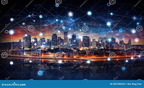 A Cityscape With Connected Lines And Dots Over It Stock Illustration Illustration Of Effect