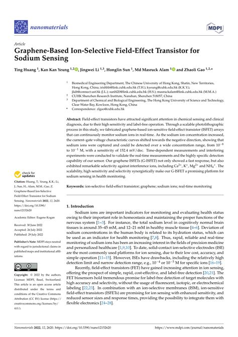 Pdf Graphene Based Ion Selective Field Effect Transistor For Sodium