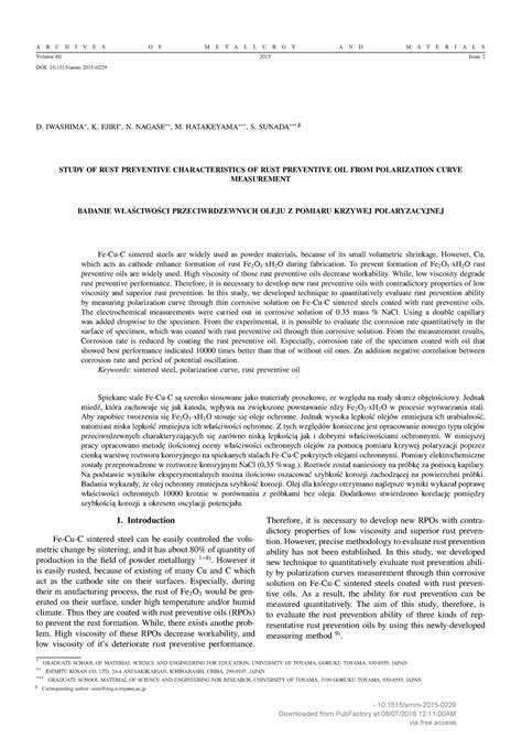 Study Of Rust Preventive Characteristics Of Rust P A R C H I V E S O F M E T A L L U R G Y A N