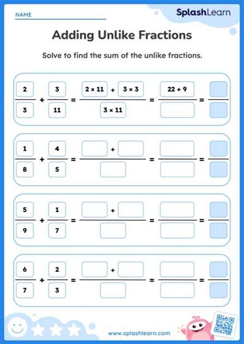 Solving Addition Of Unlike Fractions — Printable Math Worksheet