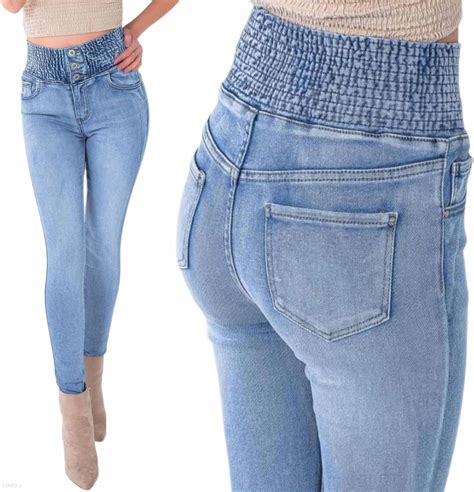 Damskie Jeansowe Spodnie Jasne Rurki Wysoki Stan Modelująca Guma W Pasie S Ceny I Opinie