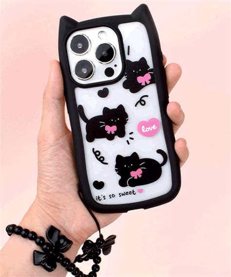 💗kitty 깜냥이💗 큐티 블랙 고양이 키티 케이스 Y2k 키치 냥이 쫑긋 귀 키튼 케이스 비즈 스트랩 키링 아이폰 범퍼 케이스 선물 우정 길냥이 입양 프로젝트 에이블리