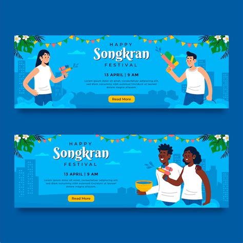 송크란 물 축제 축하를 위한 평면 수평 배너 템플릿 무료 벡터