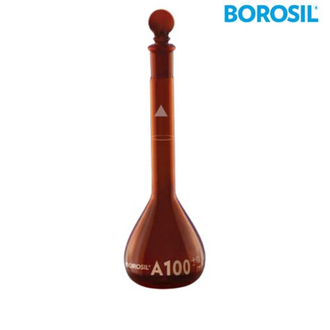 Borosil Volumetric Flask Glass Stopper Class A 200 Ml White Mark Amber Batch Certificate
