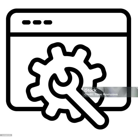 기어 및 렌치 라인 아이콘이 있는 창입니다 웹 응용 프로그램 제어 설정 기호 흰색 배경에 윤곽선 스타일 픽토그램 브라우저 기호
