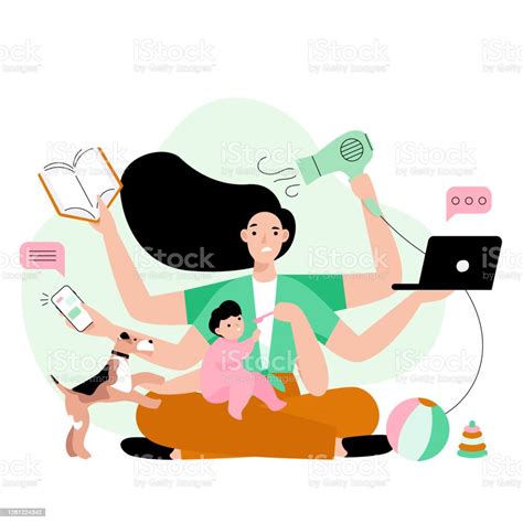 바쁜 어머니는 집에서 많은 일을하고 있습니다 노트북 책 전화 헤어 드라이어를 유지하고 그녀의 아이를 먹이 여섯 손으로 엄마를 스트레스 어머니에 대한 스톡 벡터 아트 및 기타