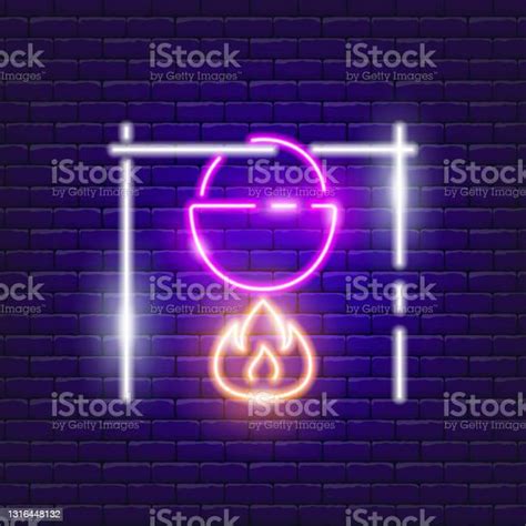 야외 요리 냄비 네온 아이콘 광고 웹 사이트 프로모션 배너 브로셔 전단지의 디자인에 대한 벡터 일러스트레이션 하이킹 여행 캠핑의 개념 관광에 대한 스톡 벡터 아트 및 기타