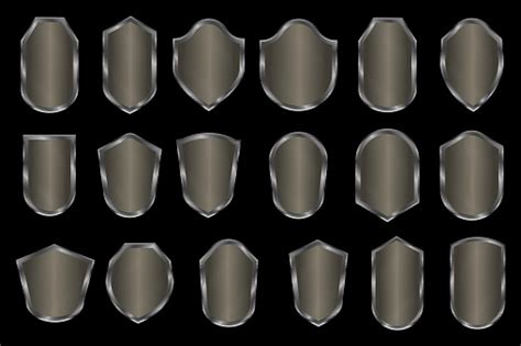 회색 은 검은 색 배경에 비문없이 금속 효과와 검은 색으로 방패 독특한 디자인의 다양한 모양의 방패 벡터 그래픽 스톡 사진 개체 그룹에 대한 스톡 벡터 아트 및 기타 이미지