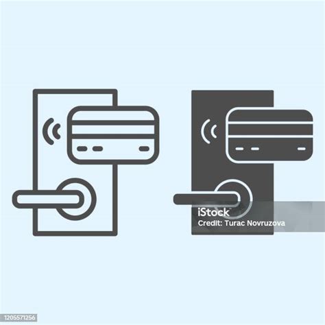 마그네틱 도어 잠금 라인과 솔리드 아이콘 플라스틱 키 카드로 손잡이를 스 와이프합니다 Horeca 벡터 디자인 개념 흰색 배경에