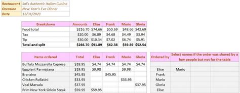 Restaurant Bill Split Spreadsheet Easy To Use Dining Expense Tracker By Individual Order