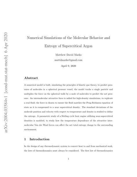 Pdf Numerical Simulations Of The Molecular Behavior And Entropy Of Supercritical Argon