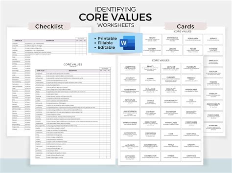 Identifying Core Values Worksheets Clarification Core Values Etsy