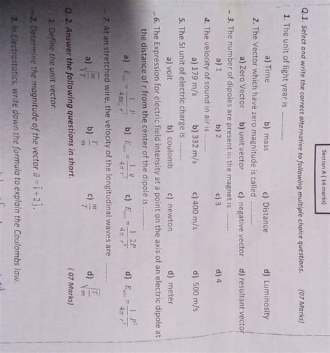 Section A 14 Marks Q1 Select And Write The Correct Alternative To Fo