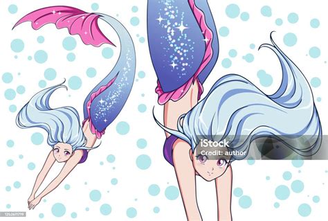 예쁜 애니메이션 수영 인어 흰 머리와 반짝이는 푸른 물고기 꼬리 등장인물에 대한 스톡 벡터 아트 및 기타 이미지 등장인물