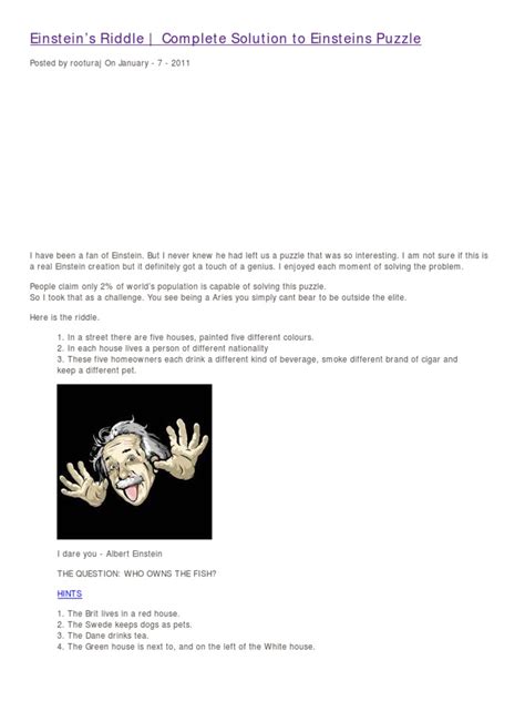 Einsteins Riddle Complete Solution To Einsteins Puzzle Pdf Drink
