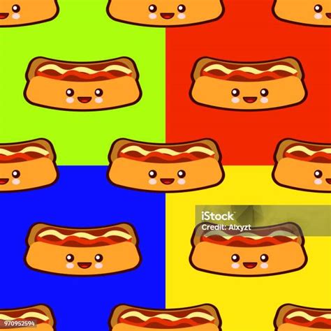 색상 배경에 핫도그 귀여운 패스트 푸드 귀여운 캐릭터와 설정 하는 완벽 한 패턴입니다 평면 디자인 일러스트 레이 션 가공육에 대한 스톡 벡터 아트 및 기타 이미지 Istock