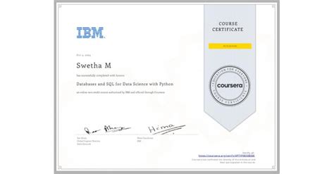 Completion Certificate For Databases And Sql For Data Science With
