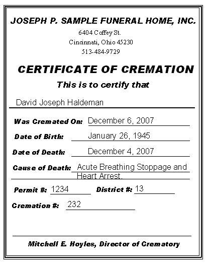 Cremation Certificate Terradise Computer Systems Inc