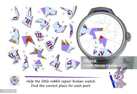 어린이와 성인을 위한 논리 퍼즐 게임 작은 토끼가 깨진 시계를 수리하도록 도와주세요 각 부품에 대한 올바른 위치를 찾으십시오