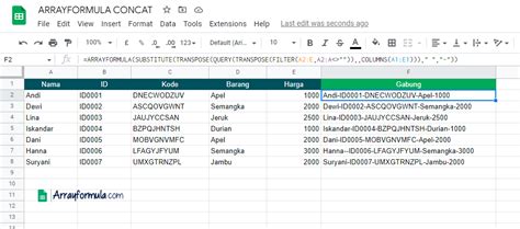 Menggabungkan Text Perbaris Dengan ARRAYFORMULA Arrayformula