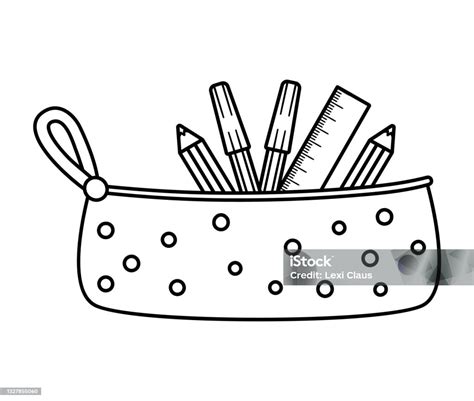 문구가 있는 벡터 흑백 연필 케이스 학교 교육 클립 아트로 거슬러 이동합니다 귀여운 라인 스타일 용품 및 쓰기 자료 컬러 연필