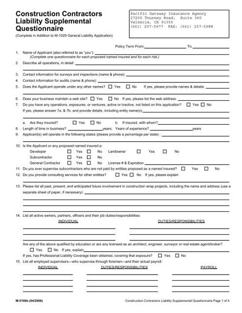 Construction Contractors Liability Supplemental Questionnaire