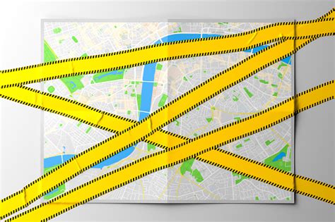 지도에서 노란색 경고 테이프 홈 사인을 유지합니다 격리 사회적 거리 두기 자기 격리 제재 3d 렌더링 0명에 대한 스톡 사진 및 기타 이미지 Istock