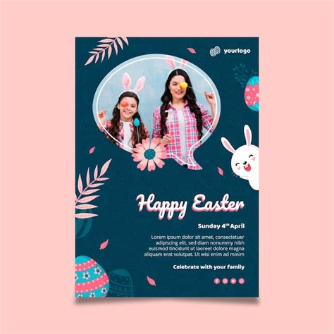 부활절 토끼와 가족을위한 수직 포스터 템플릿 무료 벡터