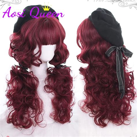 Liangmo 롱 웨이브 브라운 레드 오렌지 가발 앞머리 포함 로리타 코스프레 파티 내열성 합성 헤어 여성용 가발