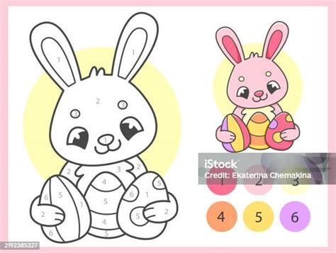 부활절 달걀을 곁들인 귀여운 분홍색 토끼와 함께 아이들을 위한 숫자로 색칠하기 책 만화 토끼와 함께 색칠 공부 페이지 벡터
