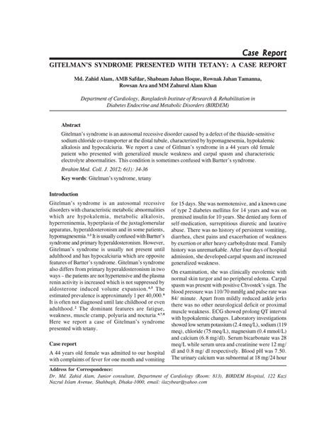 Pdf Gitelmans Syndrome Presented With Tetany A Case Report