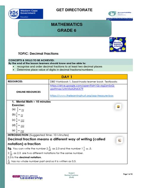 Lesson Plan Gr 6 Mathematics Term 2 Week 7 Decimal Fractions Lesson 1 Pdf Numbers Decimal