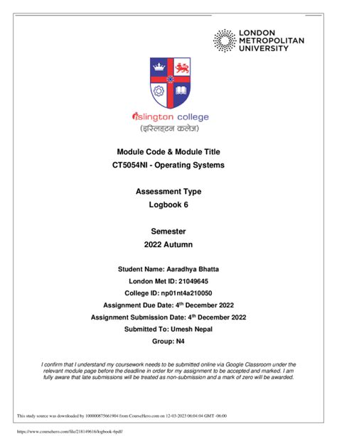 Module Code And Module Title Ct5054ni Operating Systems Assessment Type Logbook 6 Semester 2022