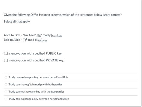 Solved Given The Following Diffie Hellman Scheme Which Of