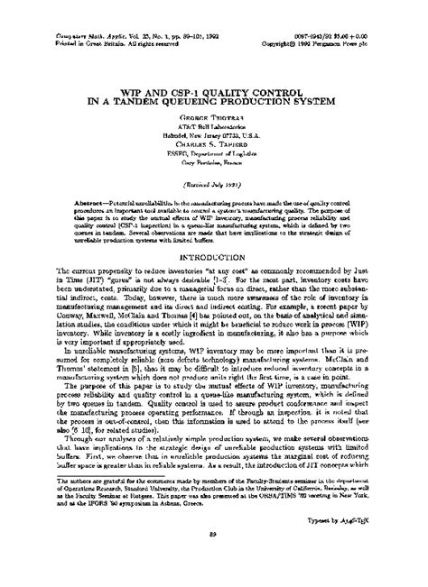 Pdf Wip And Csp 1 Quality Control In A Tandem Queueing Production System