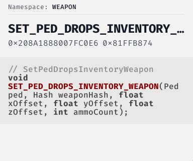 SetPedDropsInventoryWeapon FiveM Natives Cfx Re Docs