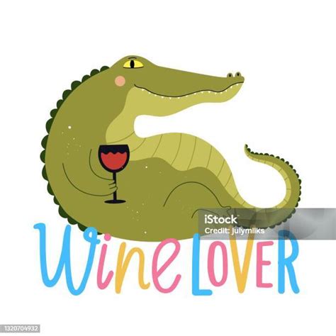 유리에서 레드 와인을 마시는 재미 녹색 악어 와인 애호가 레터링 문구 앨리게이터에 대한 스톡 벡터 아트 및 기타 이미지 앨리게이터 파티 술 마실 것 Istock