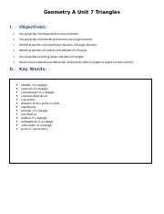 Geometry A Unit Triangles Sample Work Docx Geometry A Unit Triangles I Objectives Use