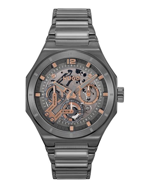 Hugo Grail Skeleton Steel Watch Dark Grey Standout