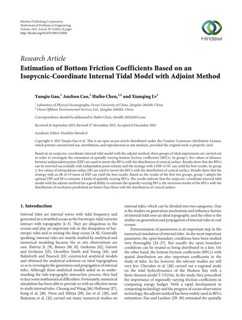 Pdf Estimation Of Bottom Friction Coefficients Based On An Isopycnic Coordinate Internal Tidal