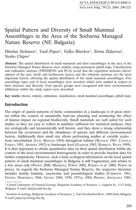 Pdf Spatial Pattern And Diversity Of Small Mammal Assemblages In The Area Of The Srebarna