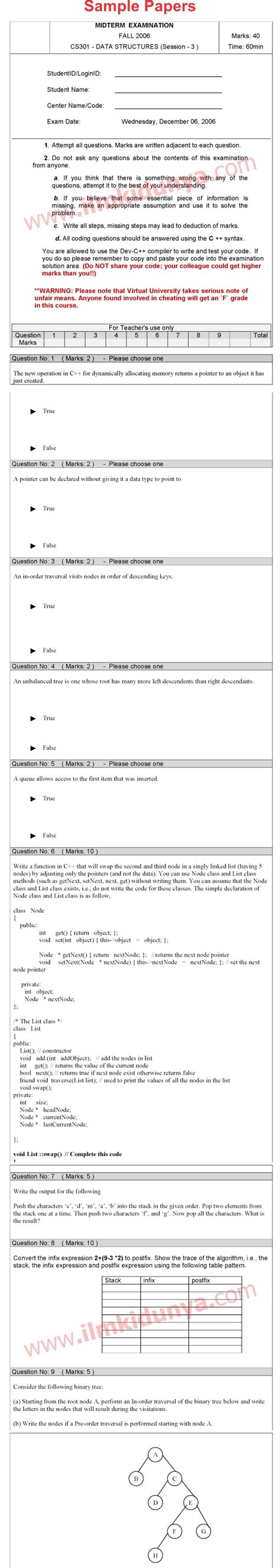 CS Data Structures BSc Computer Science VU University Past Papers Mid Te