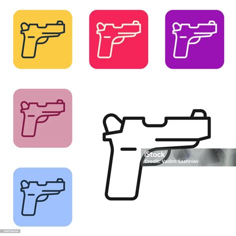 흰색 배경에 격리 된 검은 줄 권총 또는 총 아이콘 경찰 또는 군용 권총 작은 총기 색상 정사각형 단추로 아이콘을 설정합니다 벡터 검은색에 대한 스톡 벡터 아트 및 기타