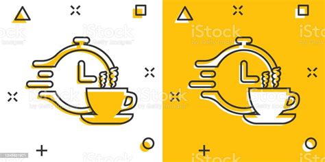 코믹 스타일의 커피 브레이크 아이콘 흰색 고립 된 배경에 티 컵 만화 벡터 일러스트와 시계 아침 식사 시간 시작 효과 비즈니스