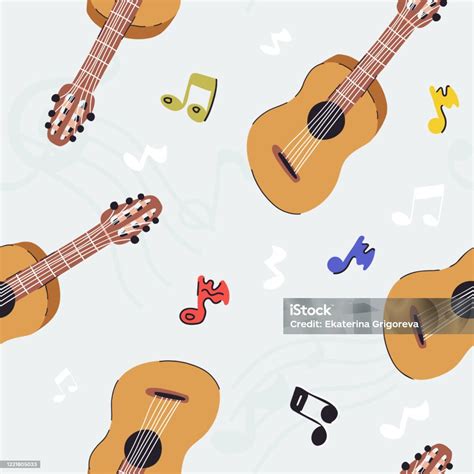 기타와 기타와 악보와 재미있는 손으로 그린 벡터 원활한 패턴은 벽지 포장지 직물 인쇄 및 기타 밝은 파란색 회색 배경에 떨고 바이올린 Live Event에 대한 스톡 벡터