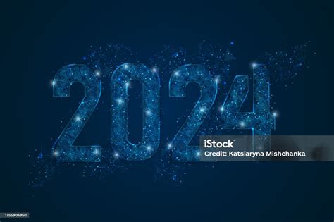 2024년 새해 번호의 추상적인 고립된 파란색 이미지입니다 다각형 로우 폴리 와이어 프레임 그림은 스파 또는 날아 다니는 유리 파편으로 블래스크 밤하늘의 별처럼 보입니다